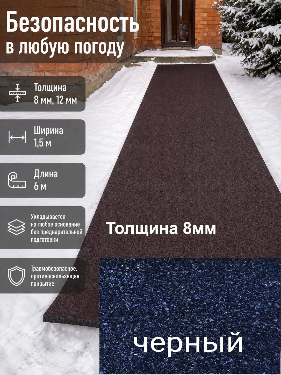 Покрытие рулонное из резиновой крошки, 1500ммx6000ммx8мм, цвет черный