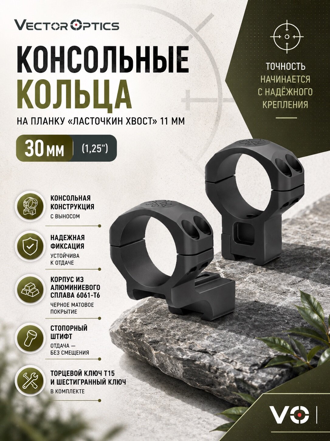 Консольные кольца Vector Optics 30 мм (1,25') на планку типа "ласточкин хвост" 11 мм (XASR-3017)