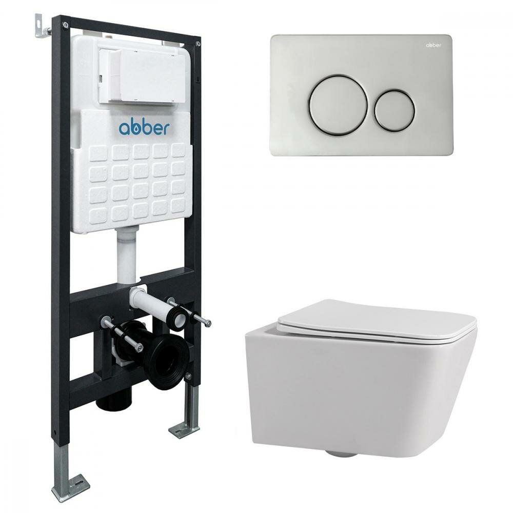 Инсталляция с унитазом комплект Abber Rechteck AC1201-AC0105-AC0121 белый, с сиденьем микролифт и кнопкой смыва хром