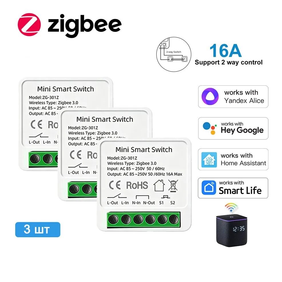 Умное реле Zigbee 3.0, 16А одноканальное, двухпозиционное управление, умный выключатель zigbee