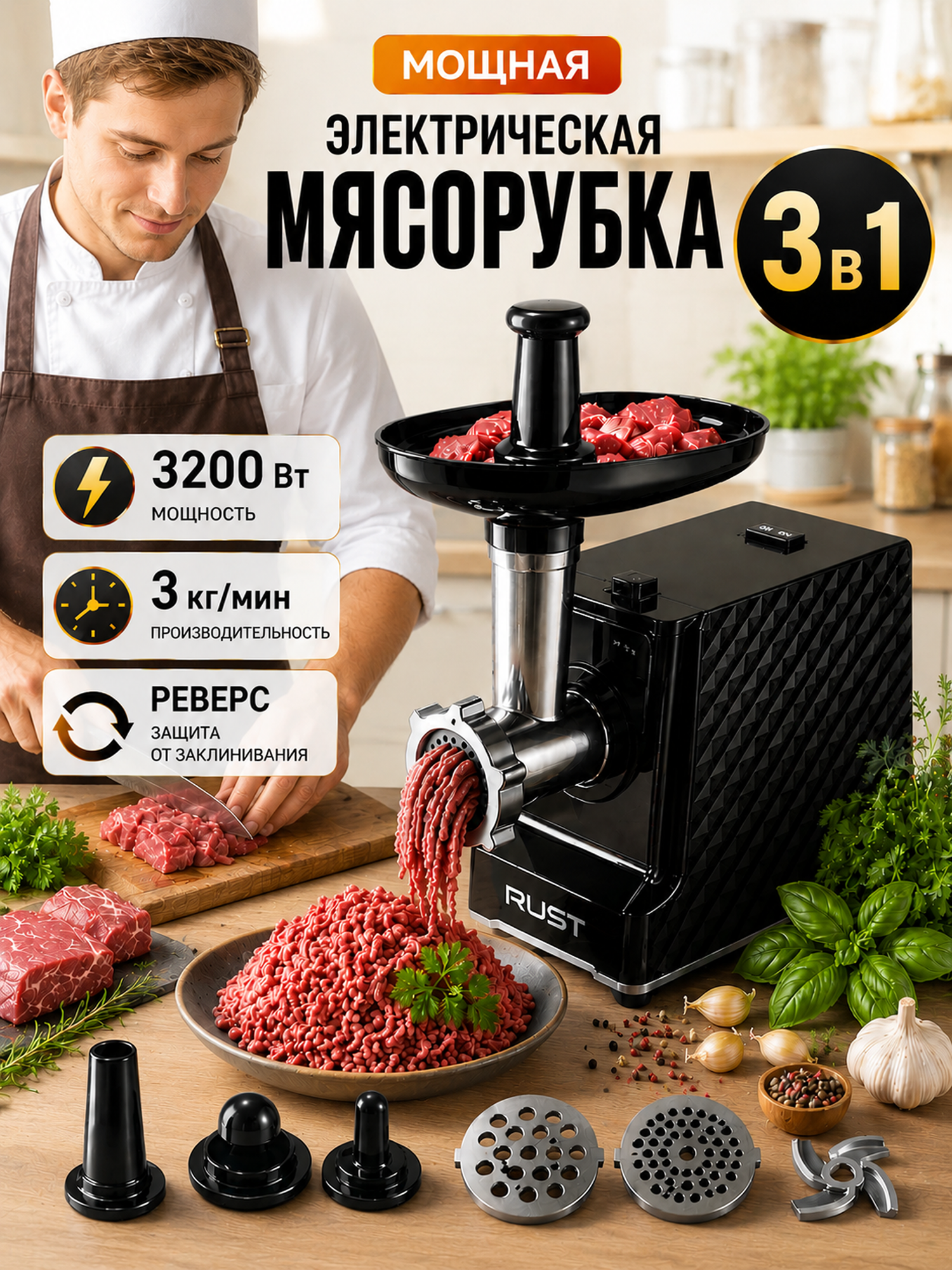 Мясорубка электрическая , с насадками, металл, 3200Вт, 3кг/мин