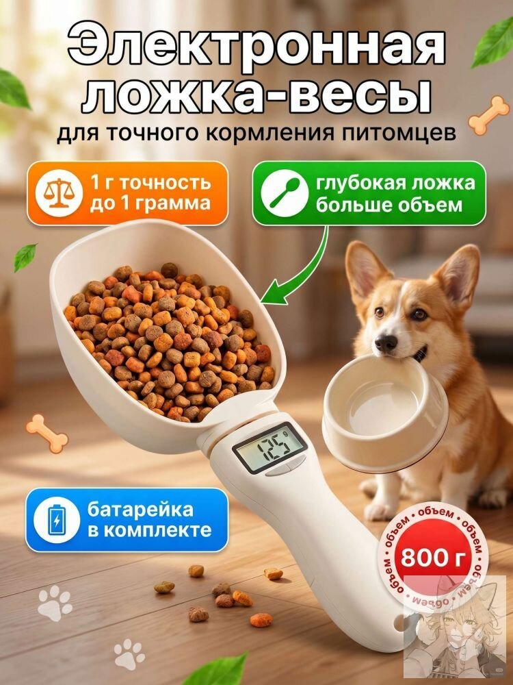Весы-ложка для корма Каскад с цифровым дисплеем, точность 1 г, до 800 г, для домашних животных, мерный стакан