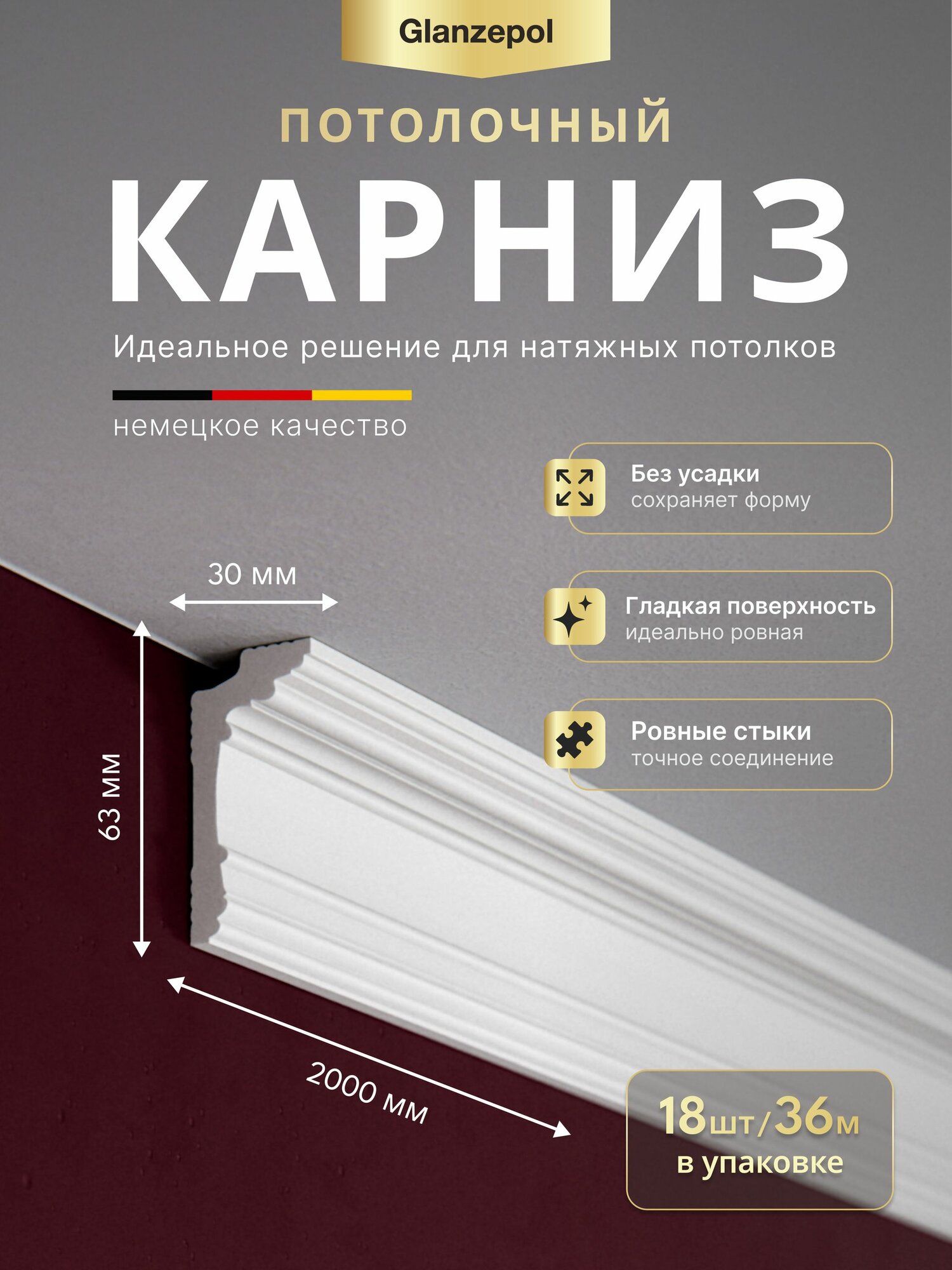 Потолочный плинтус из пенополистирола высокой плотности 63*30*2000 мм, под покраску, декоративный карниз, багет потолочный, 18 шт, GLANZEPOL GP-93