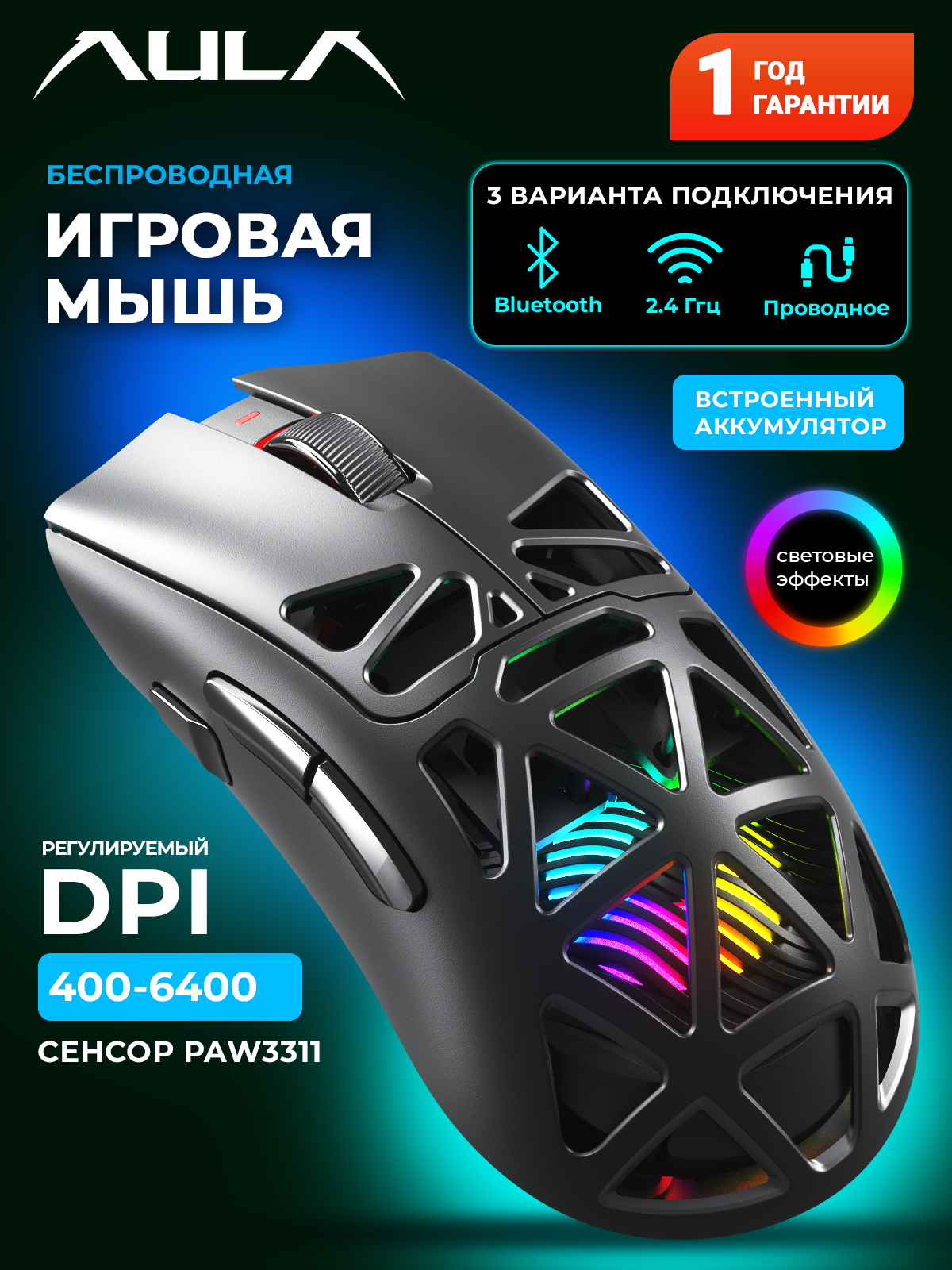 Компьютерная мышь AULA SC620 Чёрный, три режима подключения: проводное, Bluetooth, 2.4 Ггц