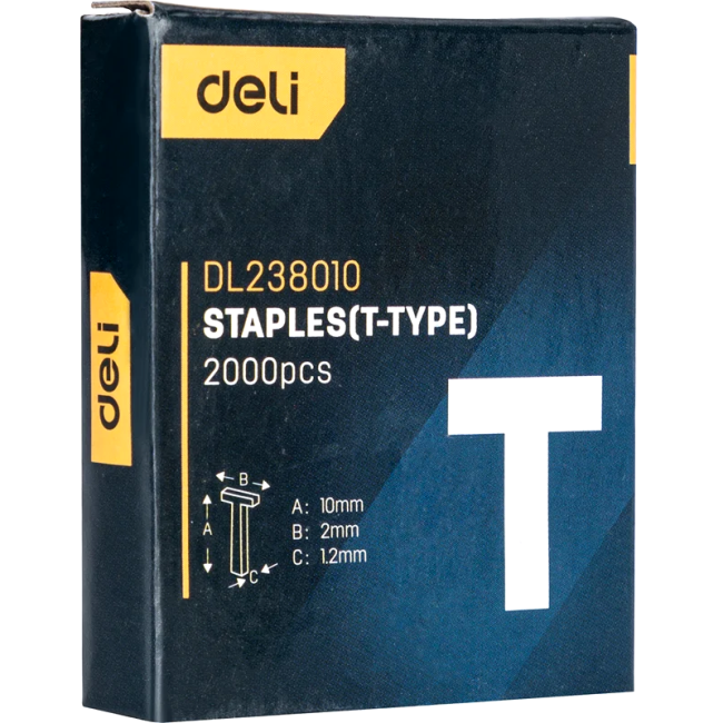 DL238010 Deli Набор скоб для степлера (Тип T) Deli DL238010 (10 х 2 х 1,2мм * 2000 шт) Нержавеющая сталь. — фото 1
