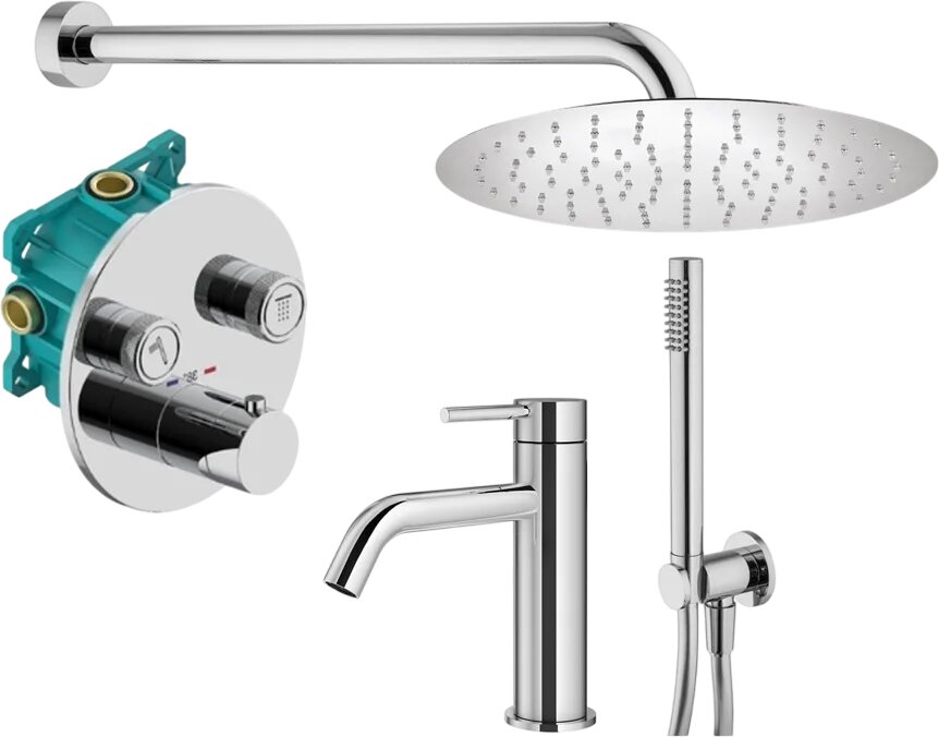 Комплект для ванной Plumberia Selection PSBOX KITPSB02CR53 5 в 1, встраиваемый, с внутренней частью в комплекте, с термостатом, со смесителем, с тропическим душем, латунный, хром, глянцевый, душевая с