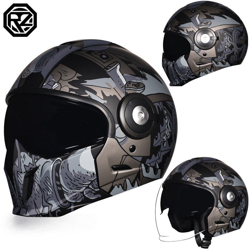 Мотоциклетный полушлем Orz Retro Helmet Winter Black Warrior Combination Helmet для мужчин и женщин, черный круизер 653S
