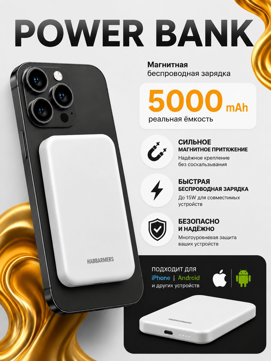 Повербанк Внешние аккумуляторы с быстрой беспроводной зарядкой 5000 mAh Magsafe Power bank