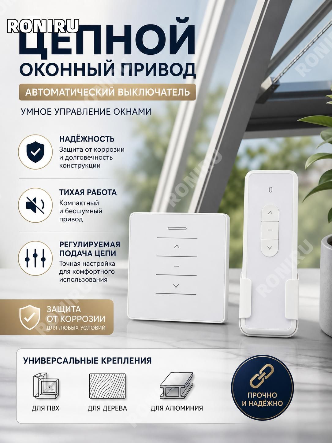 Цепной оконный привод, автоматический выключатель, универсальные крепления для ПВХ, дерева и алюминия, регулируемая подача цепи, защита от коррозии, компактный и бесшумный
