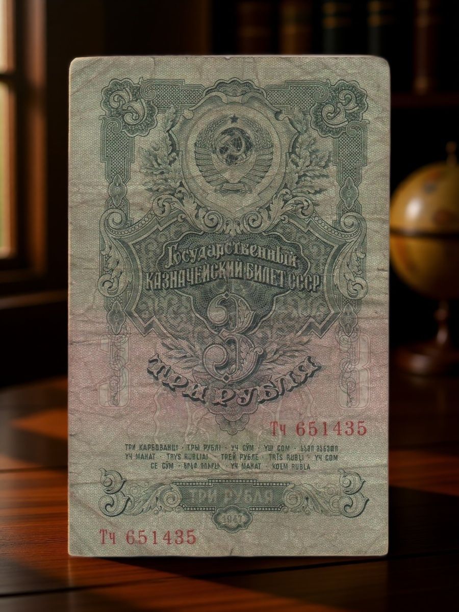 Купюра Банкнота 3 рубля - 1947 года -15 лент . Оригинал Состояние на фото