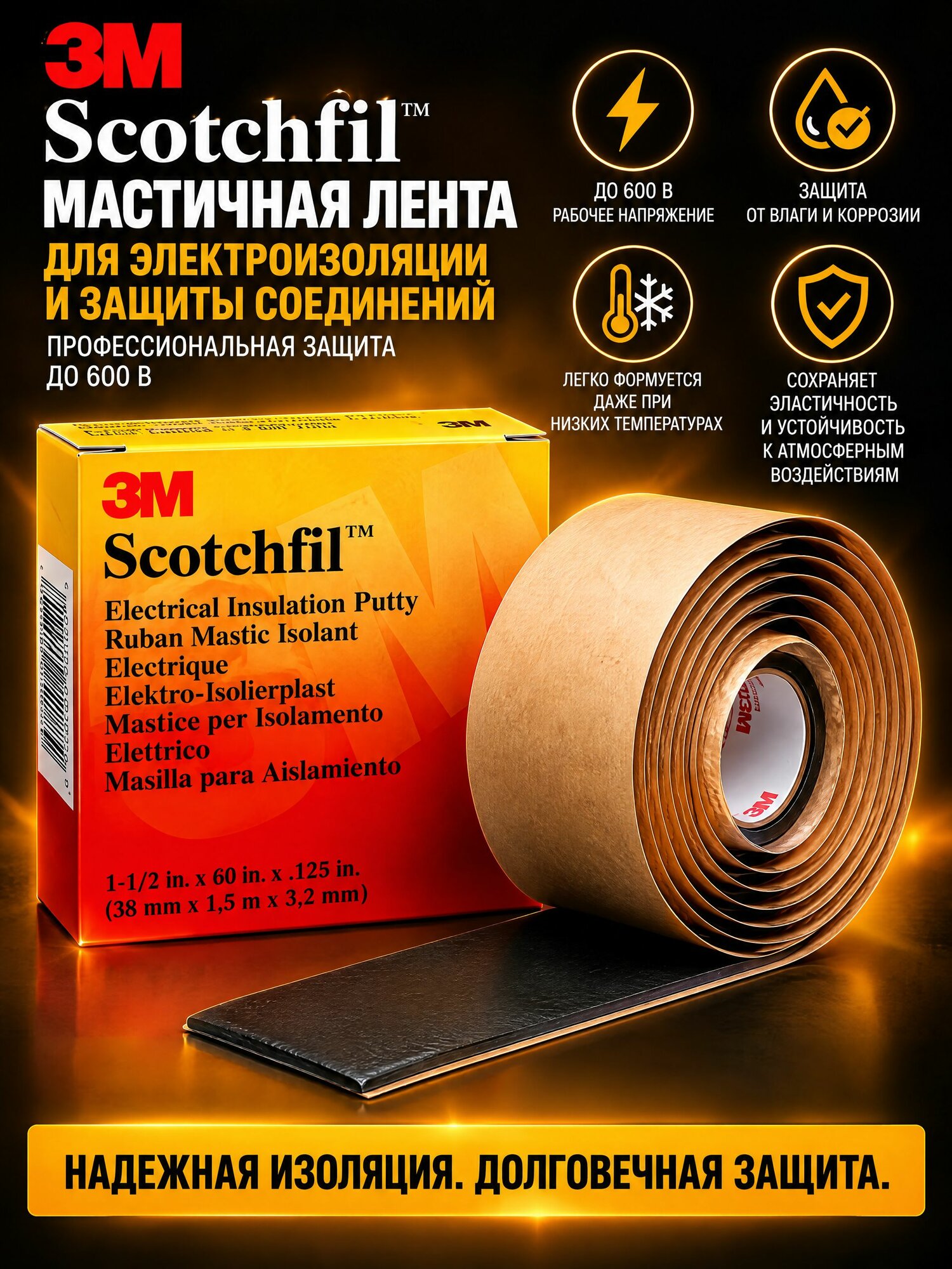 3М Герметизирующая, электрогидроизоляционная, мастичная лента Scotchfil 38 мм х 1,5 м х 3,2 мм для ремонта кабеля, монтажа кабельных муфт, герметизации электрических соединений