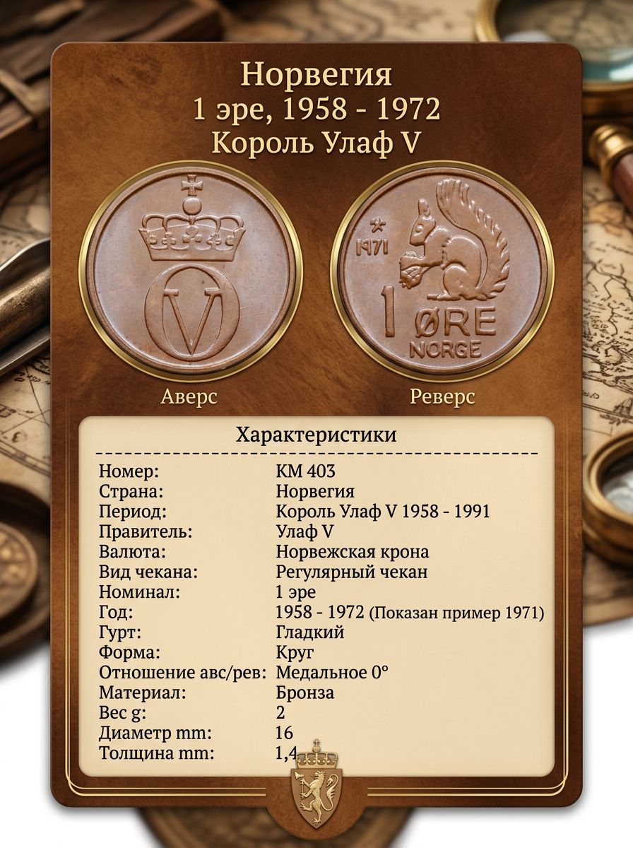 Норвегия 1 эре, 1971 Белочка XF