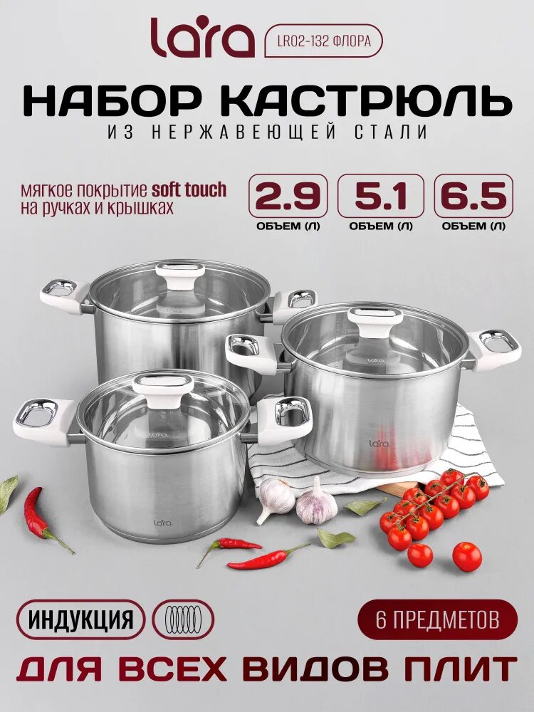 Набор кастрюль с крышкой гарантия 2 года кастрюли с крышкой 6,5л 5,1л 2,9л LARA Флора из нержавеющей стали, для индукции и всех видов плит LR02-132