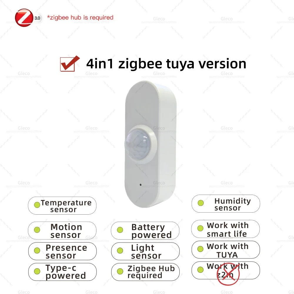 Датчик присутствия Gleco ZigBee 3-в-1 4in1 zigbee tuya