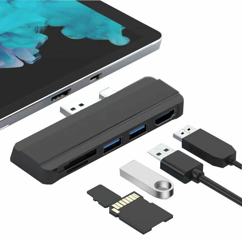 Совместим с док-станцией Surface Pro 4/5/6, USB-HDMI адаптером для дублирования экрана, картридером и расширителем функциональности.