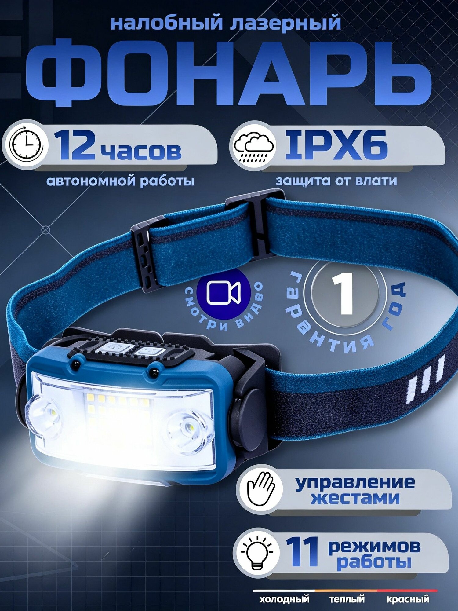 Фонарь налобный аккумуляторный мощный LED, фонарик на голову для рыбалки, охоты, туризма и кемпинга