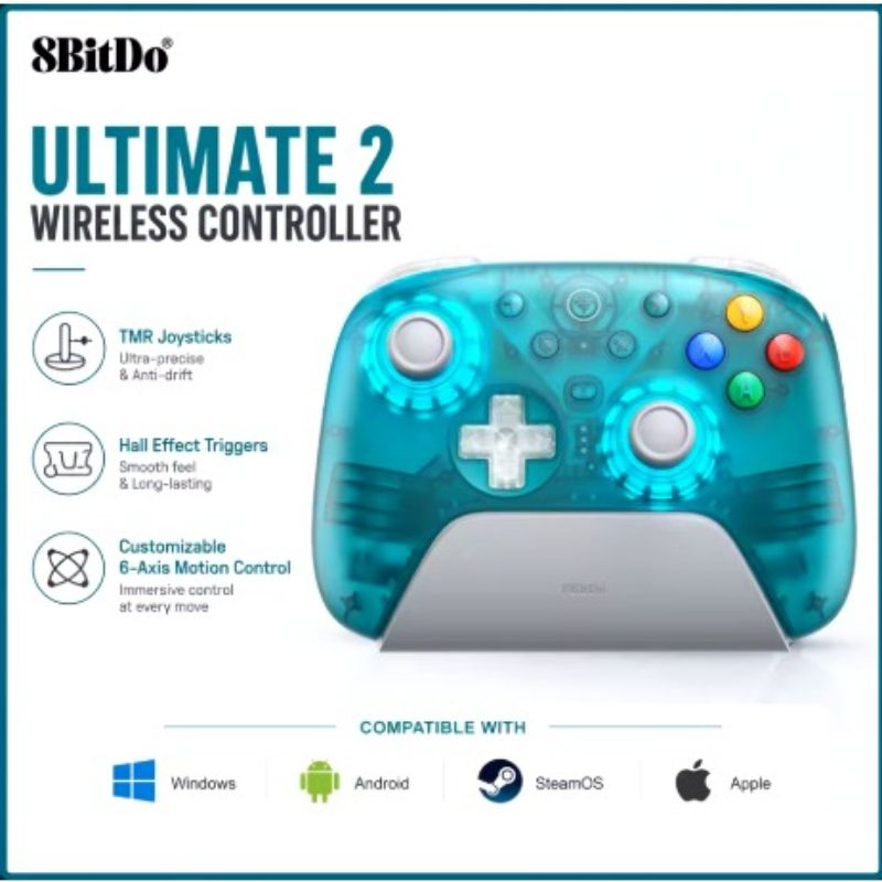 8BitDo Ultimate 2 blue Прозрачный джойстик Transparent Edition 2.4G с шестиосевым управлением, Двойной триггер, Три режима, Геймпады для ПК Steam