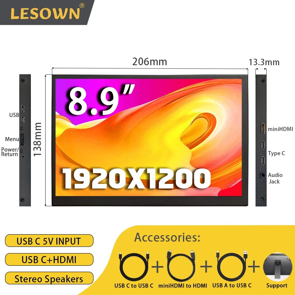 LESOWN USB Type C сенсорный монитор 8.9 дюйма