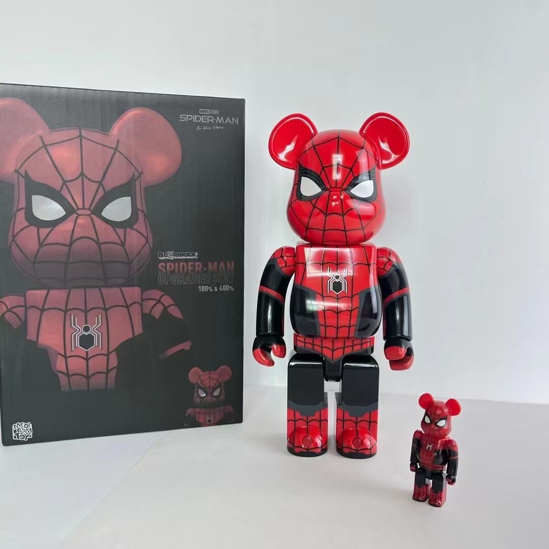 Высококачественный конструктор Bearbrick «Человек-паук» в черно-красных тонах (400%+100%), фигурка агрессивного медведя