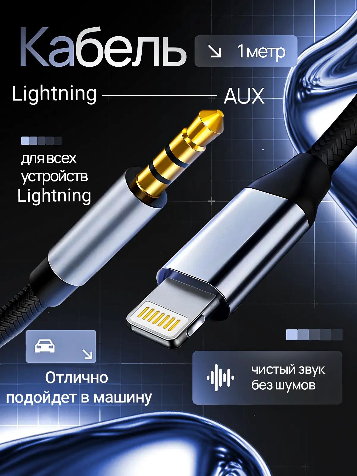 Кабель lightning - AUX Jack 3.5 мм, аукс кабель в машину для айфон 1 метр-ml