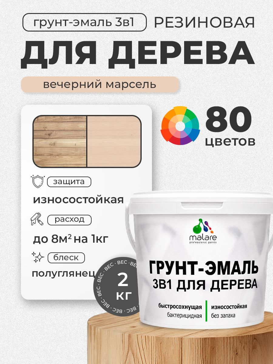 Резиновая Грунт-Эмаль 3 в 1 Malare для деревянных поверхностей/ краска по дереву с антисептическим эффектом/ быстросохнущая моющаяся без запаха полуглянцевая, вечерний марсель, 2 кг