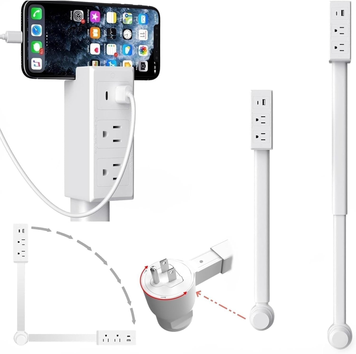 Удлинитель для электрической розетки. Имеет разъемы -A, USB-C и 2 переменного тока. Выдвигается на 23-34 дюйма. Выдвижной вращающийся адаптер электрических розеток подходит прикрова