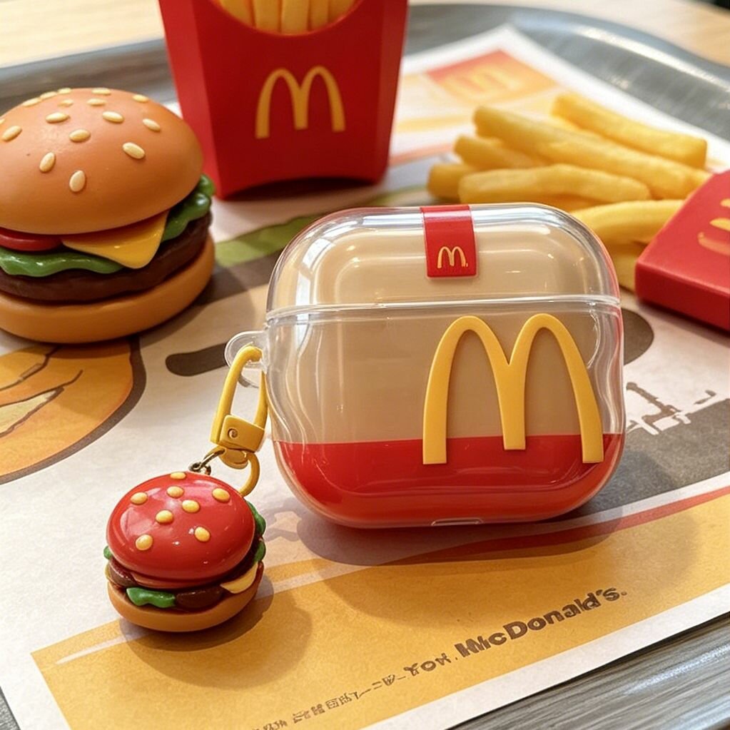 Защитный чехол для AirPods 3 в виде коричневого пакета McDonalds, интересный контрастный дизайн, в комплекте подвеска-брелок