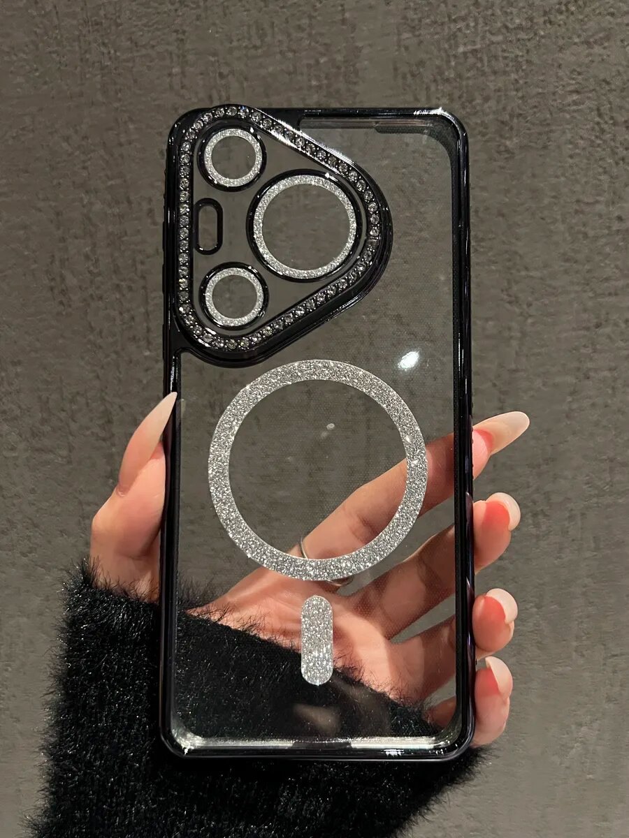 Чехол О'кейси MagSafe, для Huawei Pura 80 Pro, с защитой камеры, со стразами, чёрный