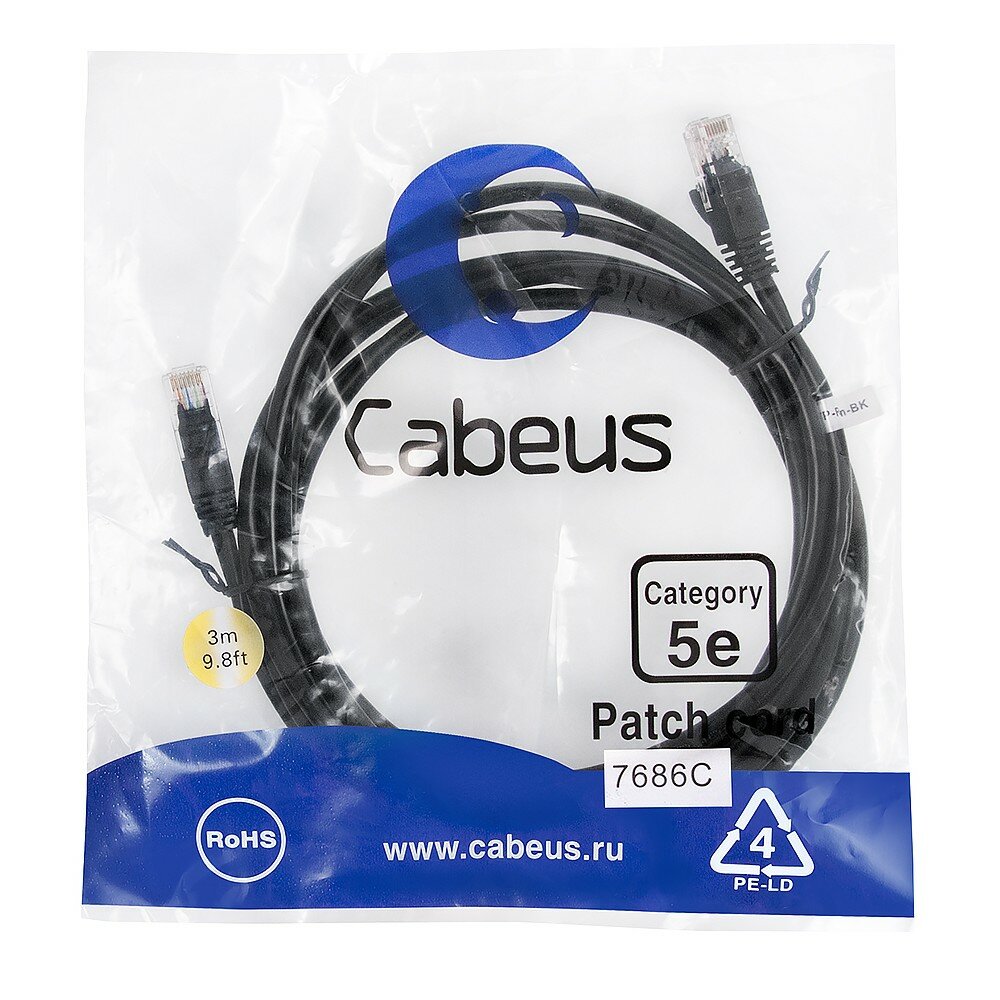 Патч-корд интернет кабель Cabeus PC-UTP-RJ45-CAT.5E-3M-BK U/ UTP cat.5e 3 м Чёрный