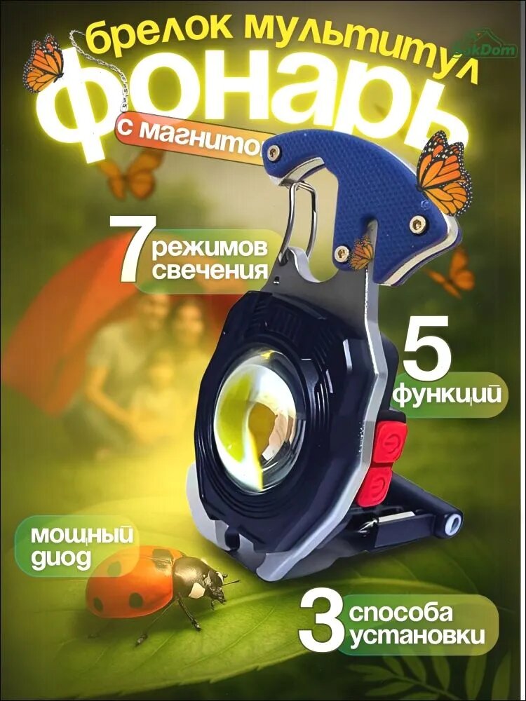 Фонарь ручной мультитул с магнитом, 7 режимов, 5 функций, 3 способа установки, влагозащита IP64, синий
