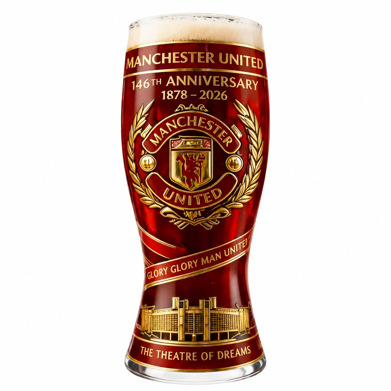 Стеклянный пивной бокал, Футбольный юбилей, Manchester United, Пинтовый стаканчик, Цветное стекло (Объем: 425 мл)