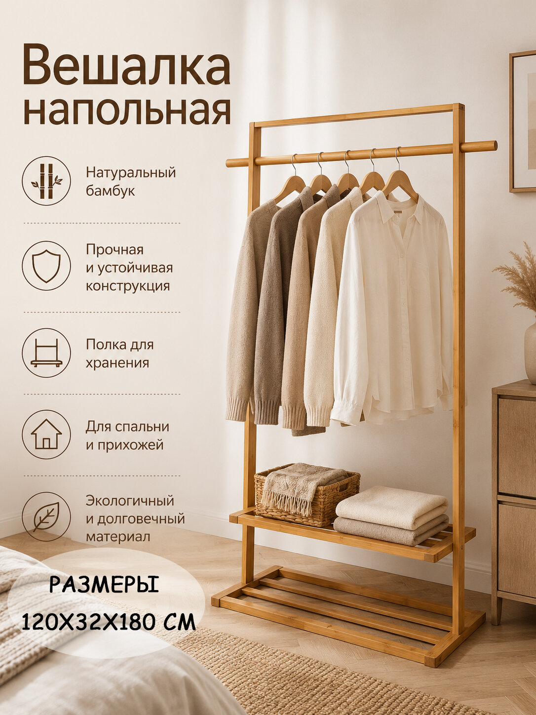 Вешалка напольная, 180 см х 120 см х 32 см