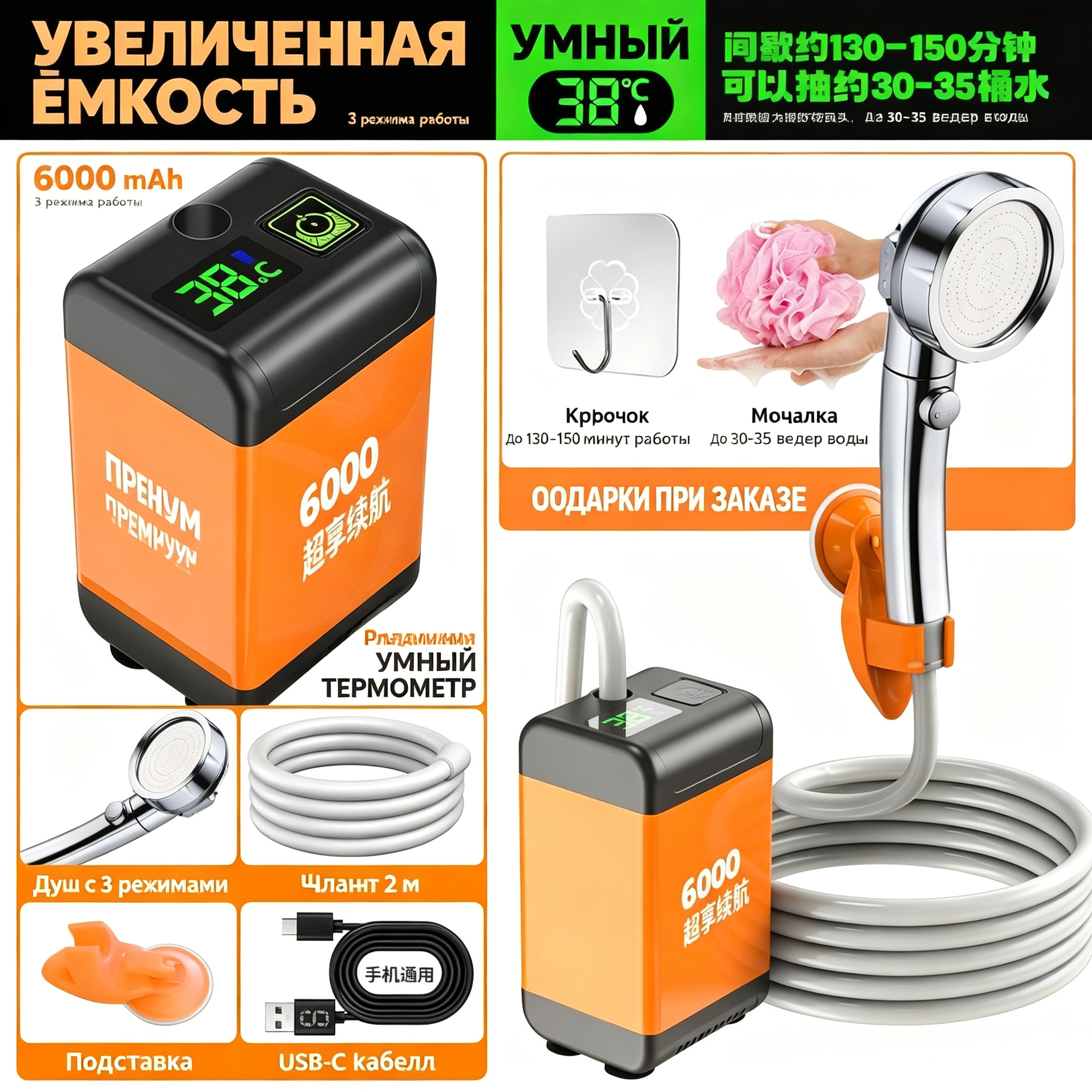 Портативная душевая кабина для дачи и строительства с электрическим подогревом воды