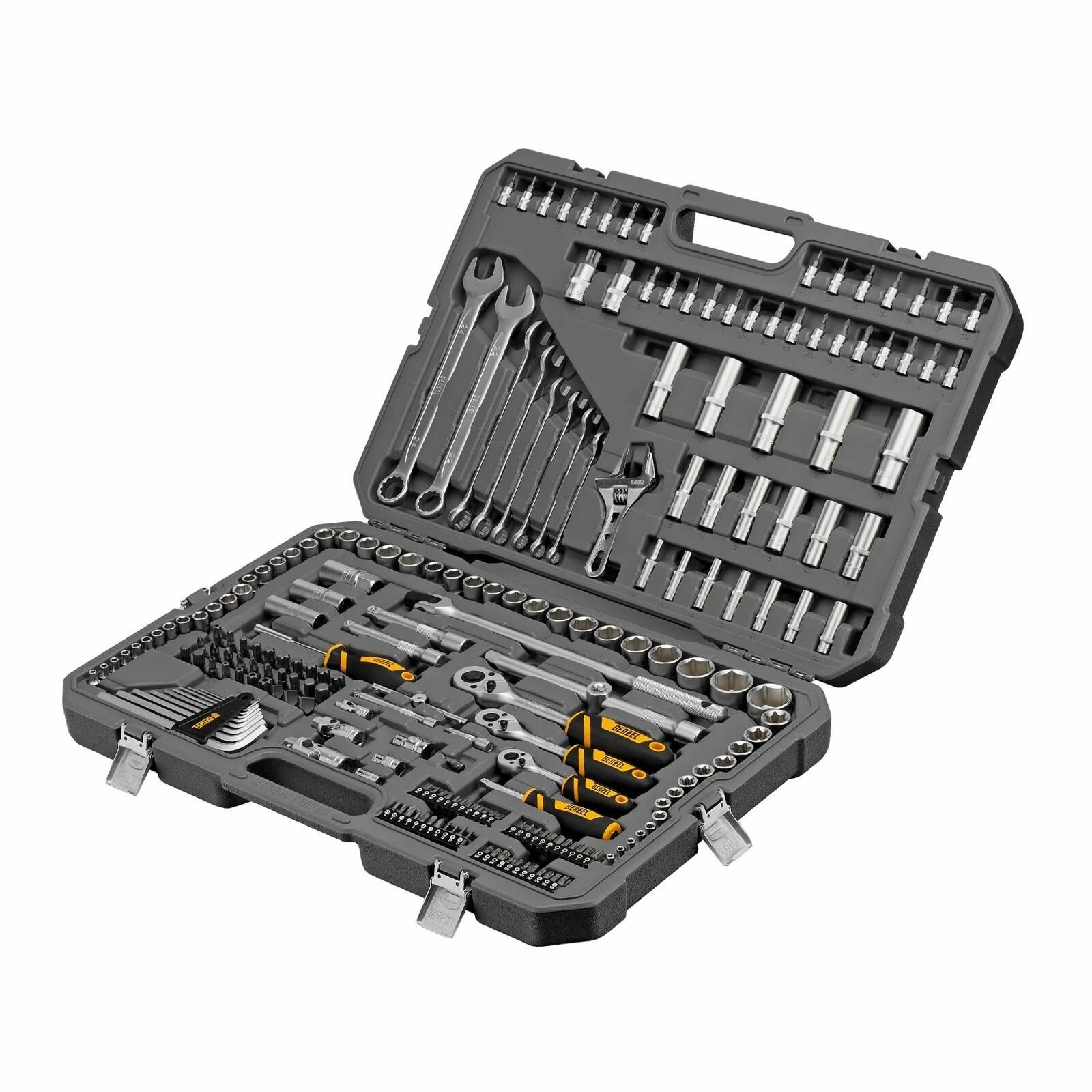 Набор инструментов, 1/2", 1/4", 3/8", CrV, S2, пластиковый кейс, 216 предметов Denzel (15807)