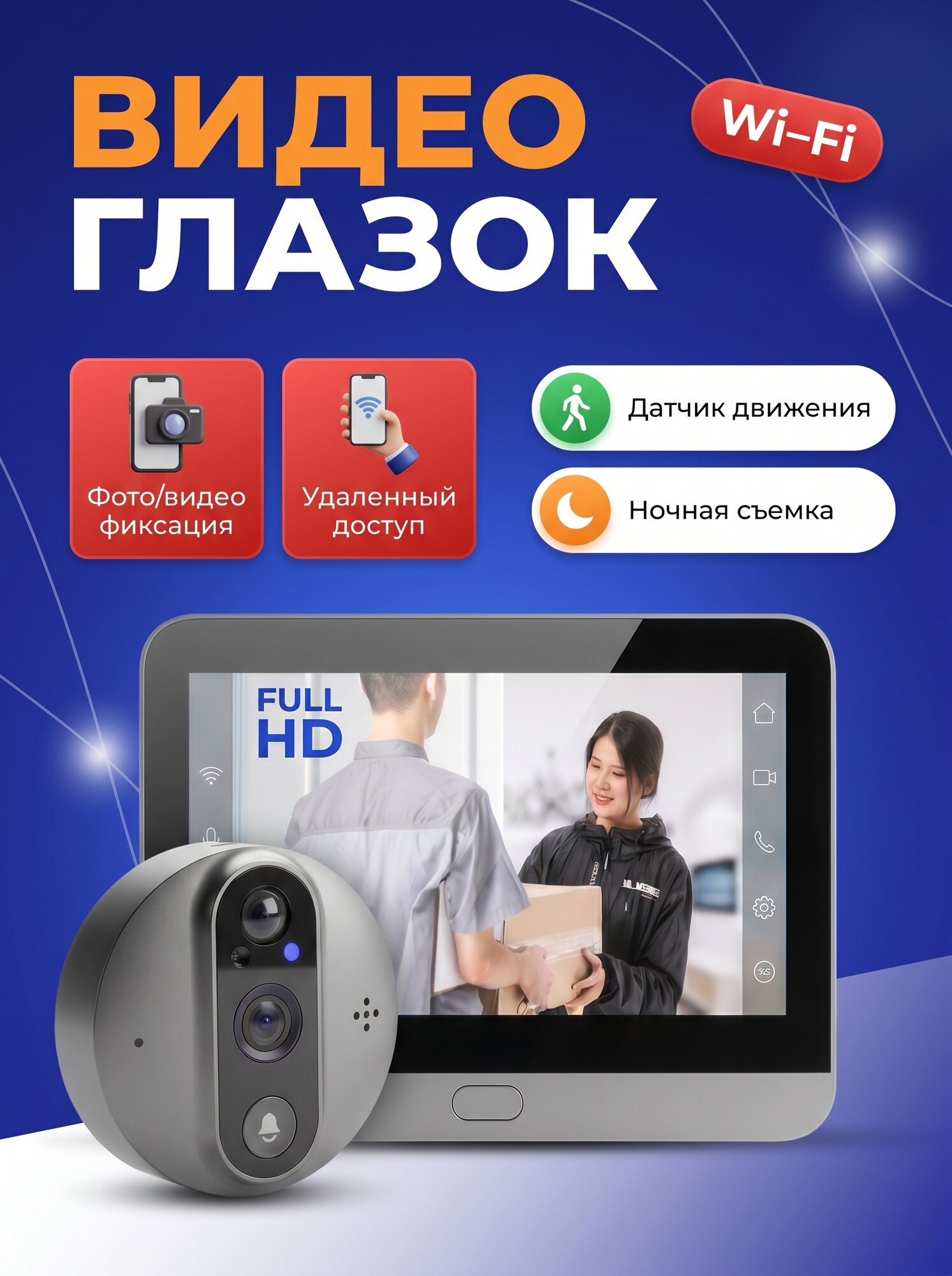 Видеоглазок для входной двери беспроводной с монитором Wi-Fi умный дом