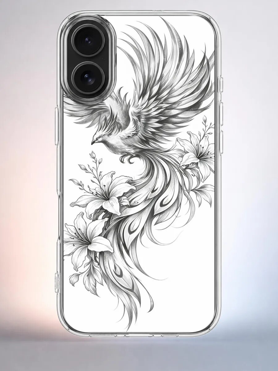 Чехол iPhone 16 феникс с лилиями силиконовый прозрачный