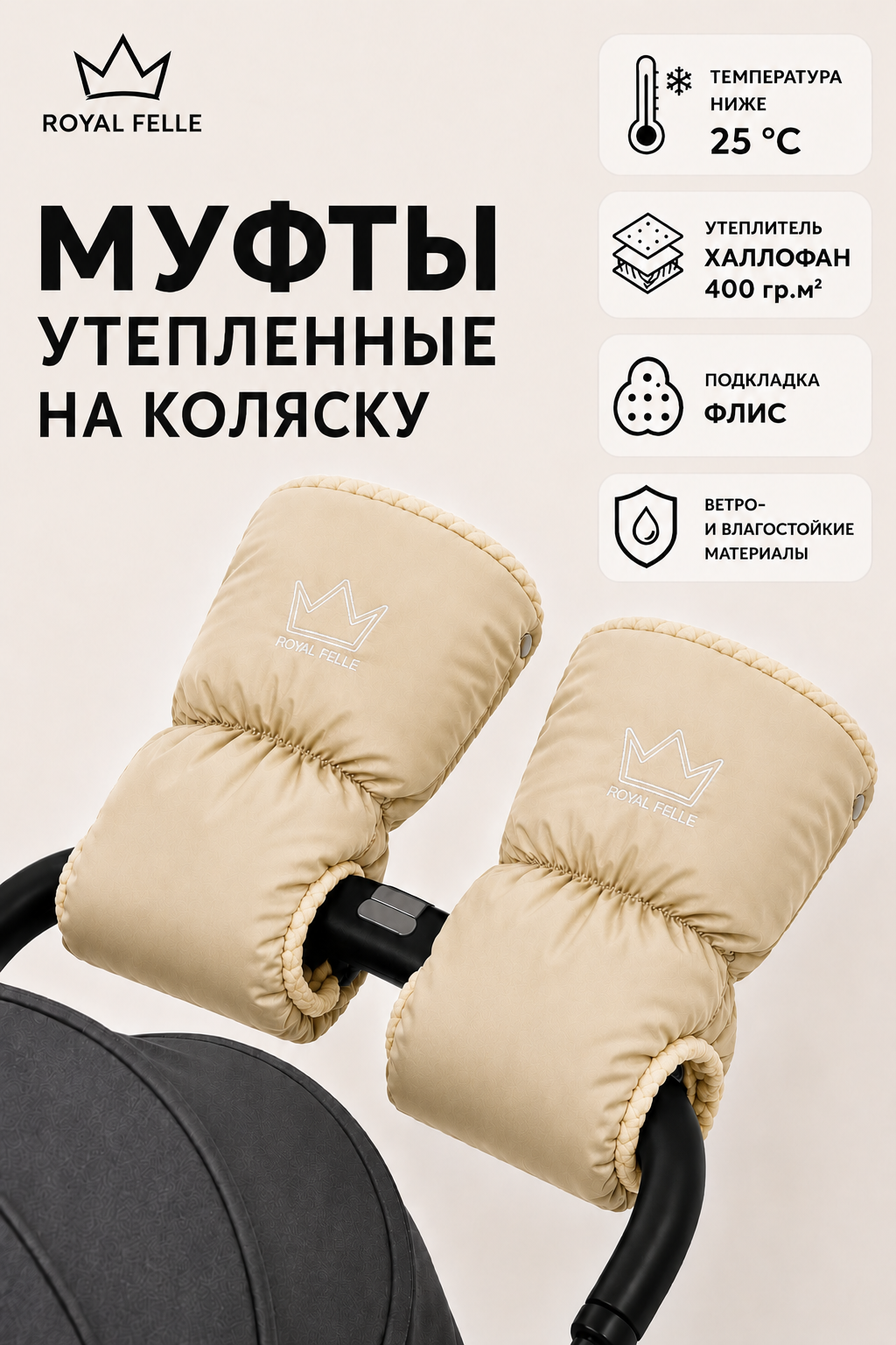 Муфты варежки для рук на коляску для коляски Royal Felle Hand Warmer Sand тёплые зимние флисовые на кнопках