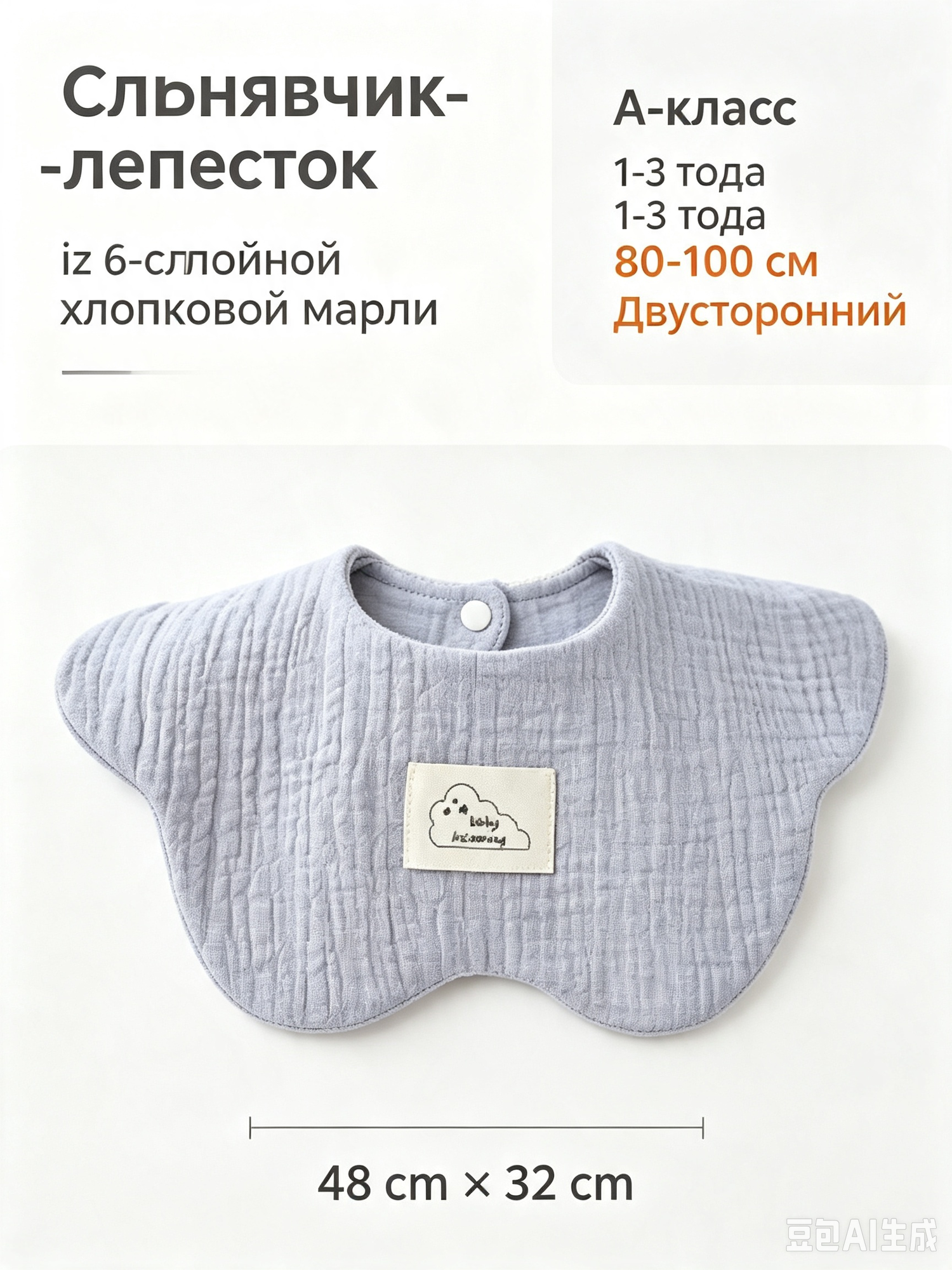 Слюнявчик‑лепесток из 6‑слойной марли, 100% хлопок А‑класс для детей 1‑3 лет — двусторонний, впитывающий