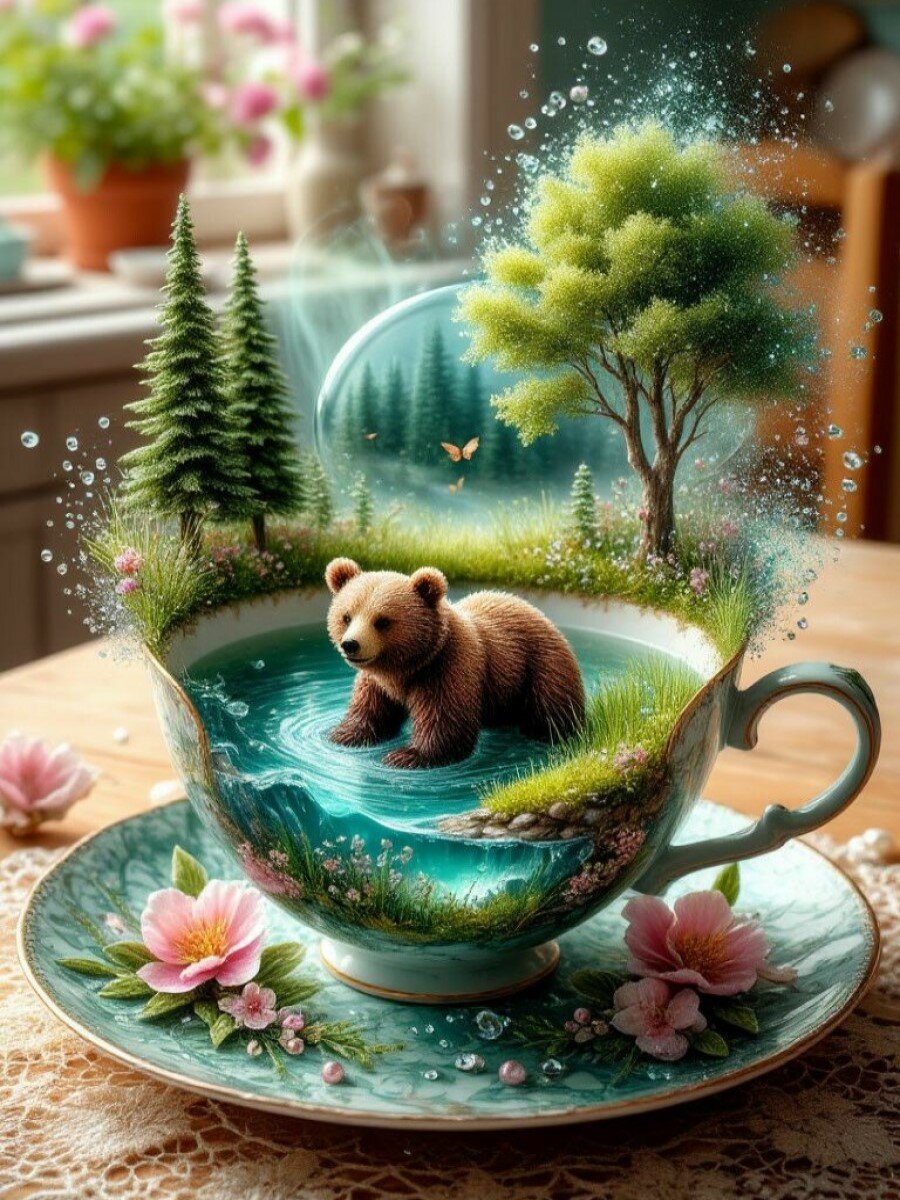 Алмазная мозаика на подрамнике 40x50 см. BoomBoomShop "Медвежонок в чашке"