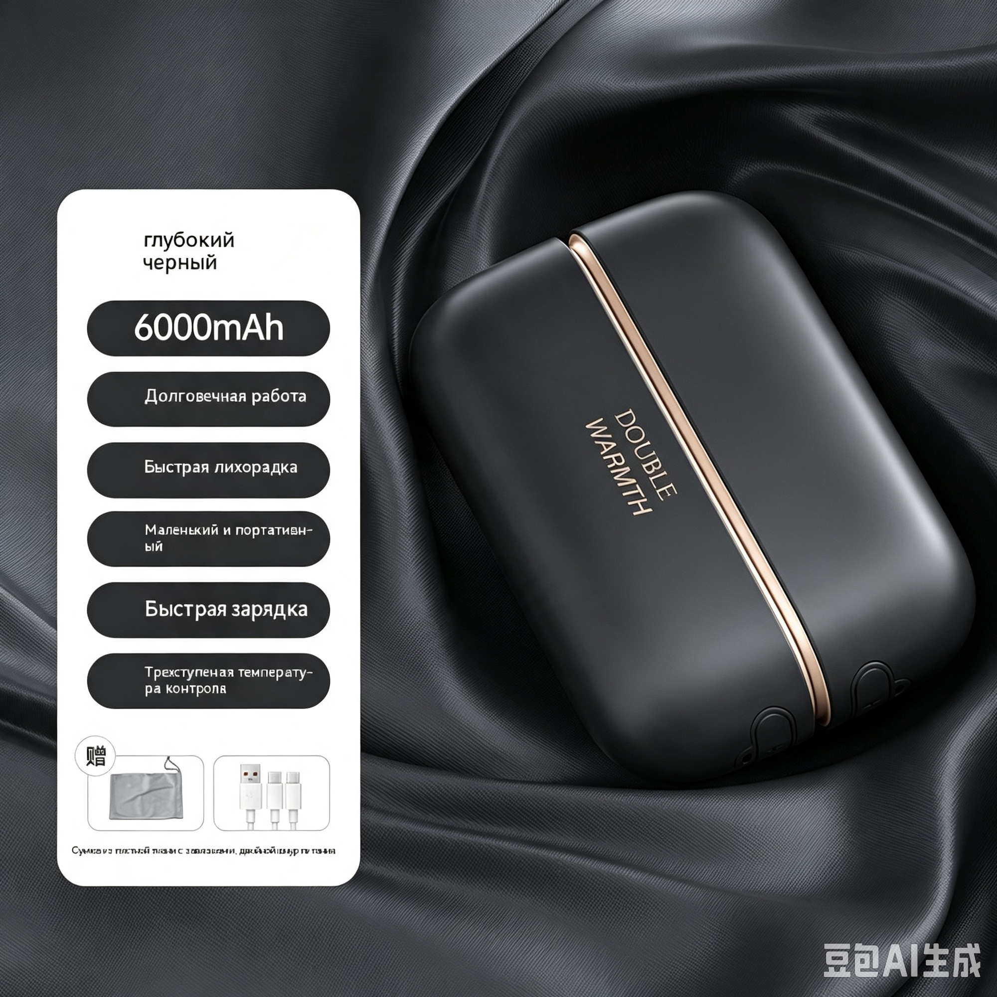 Грелка для рук, 3 температурных режима, магнитная, 2 отделения, 6000mAh