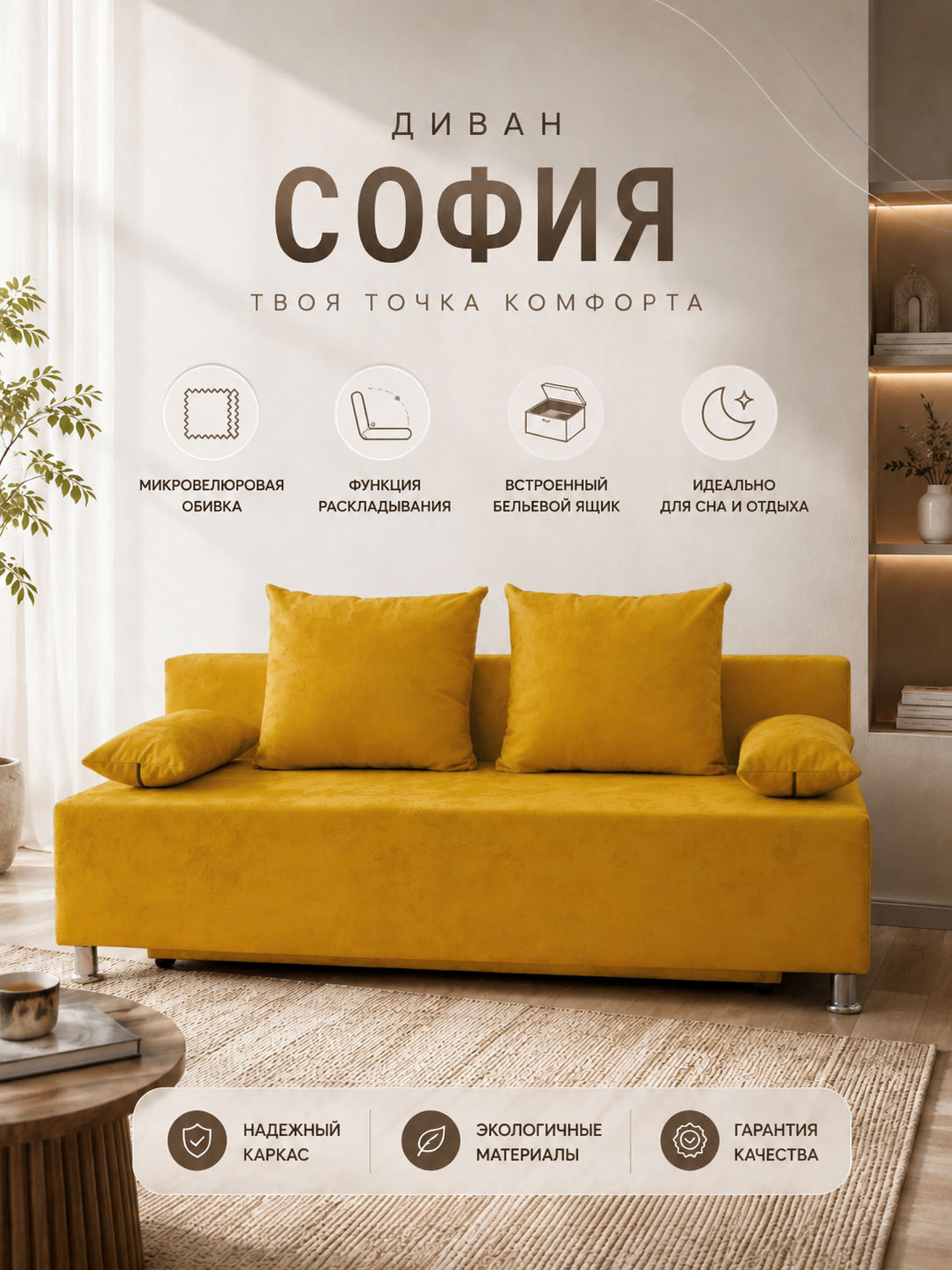 Диван-кровать прямой София с бельевым ящиком ткань мирковелюр цвет желтый