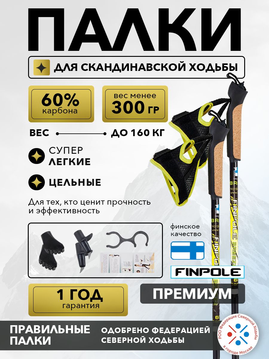 Палки для скандинавской ходьбы Finpole, карбоновые, цельные 115см