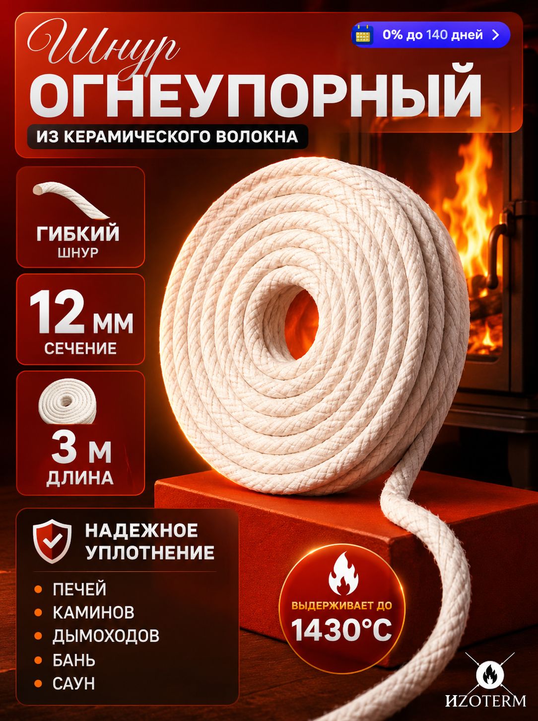 Шнур огнеупорный керамический 12 мм 3 м для печей, каминов, дымоходов, котлов, бань и саун, термостойкий уплотнитель
