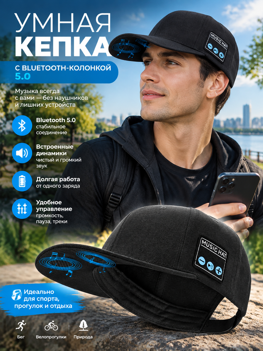 Кепка с Bluetooth-колонкой (кепка) беспроводная, музыка для спорта и отдыха, 5.0
