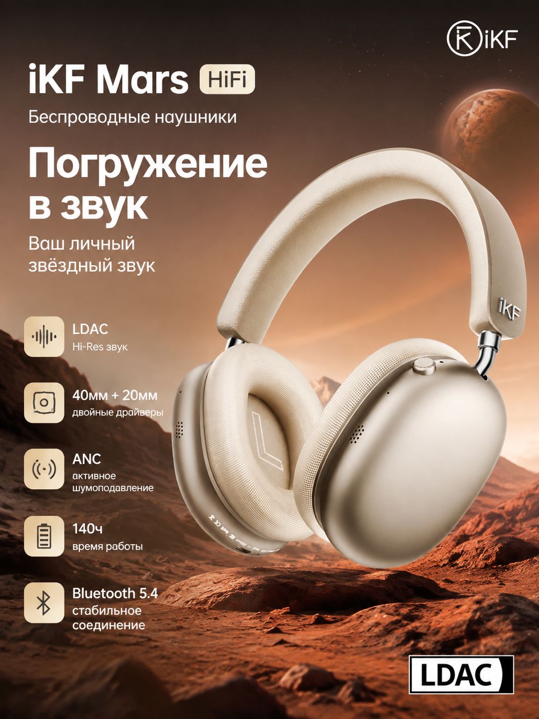 Наушники iKF Mars HIFI беспроводные с адаптивным шумоподавлением (-58 дБ), технологией двойных драйверов (40+20 мм), LDAC и двойным золотым стандартом Hi-Res