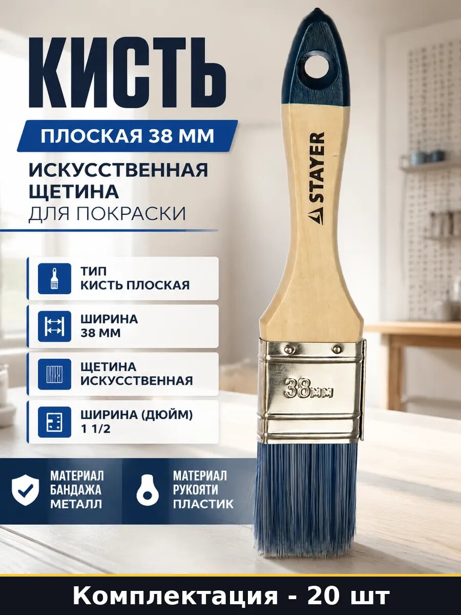 Кисть плоская 38 мм искусственная щетина для покраски