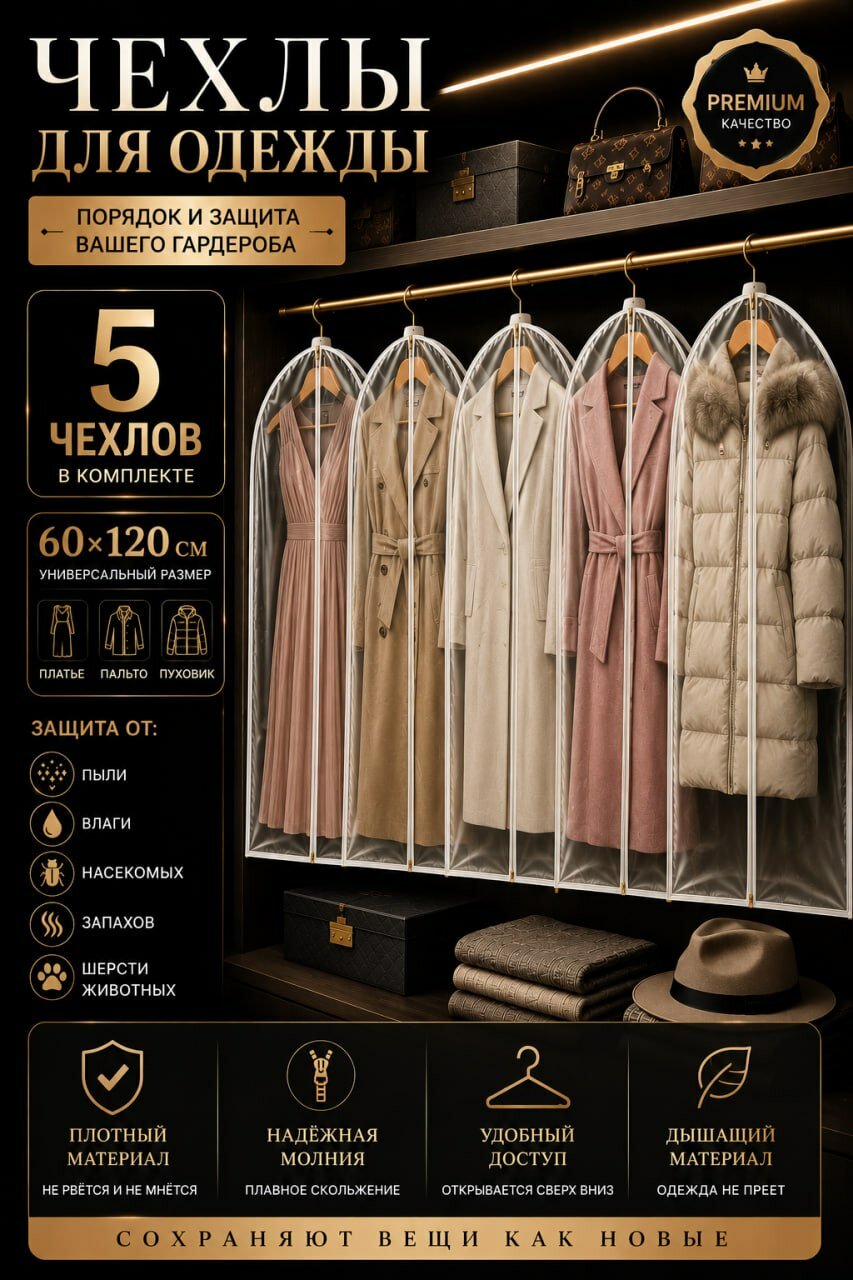 Чехол для одежды, чехлы для одежды 120*60 см, 5 шт.