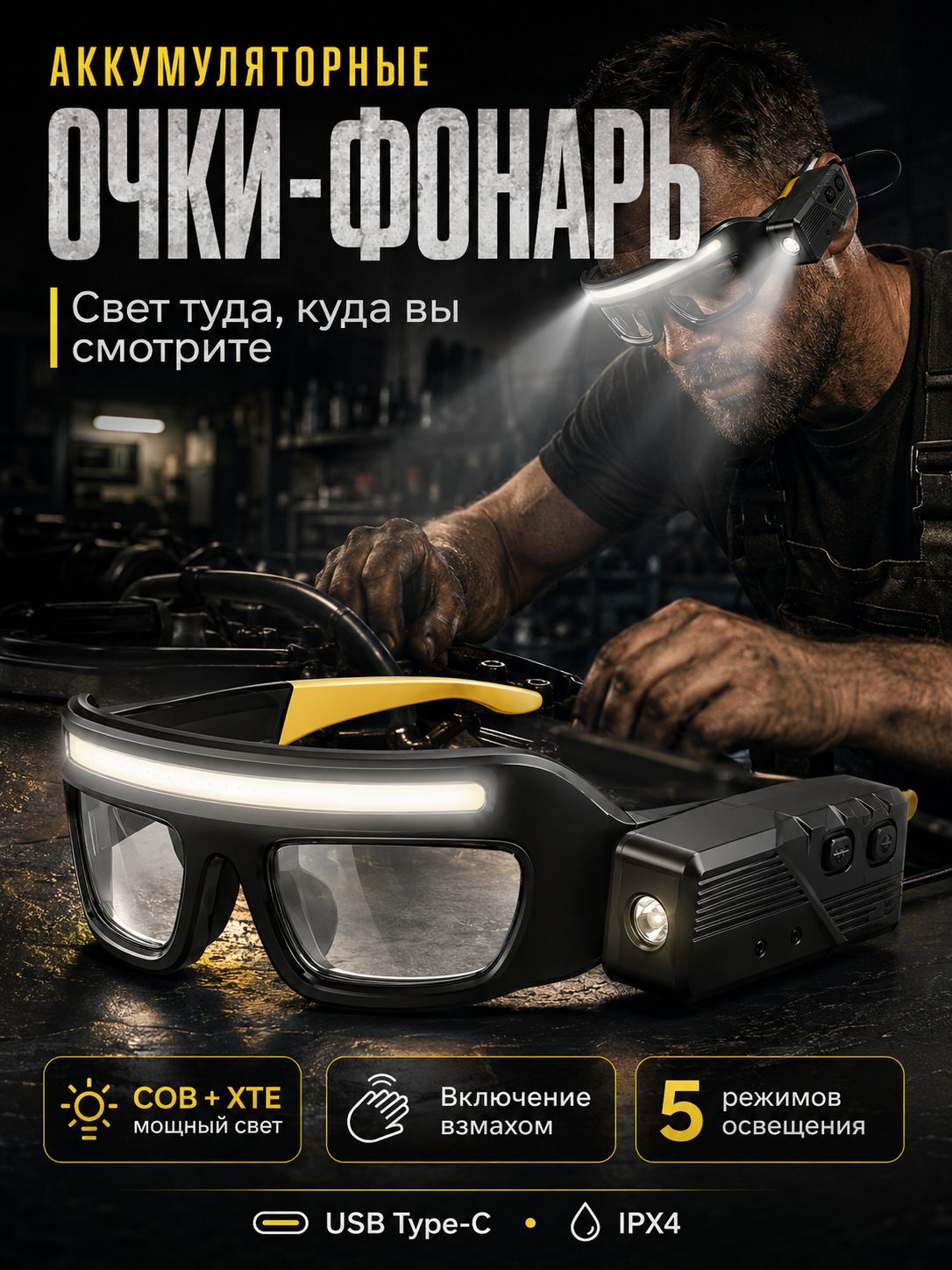 Очки защитные строительные с LED-подсветкой и датчиком движения, прозрачные