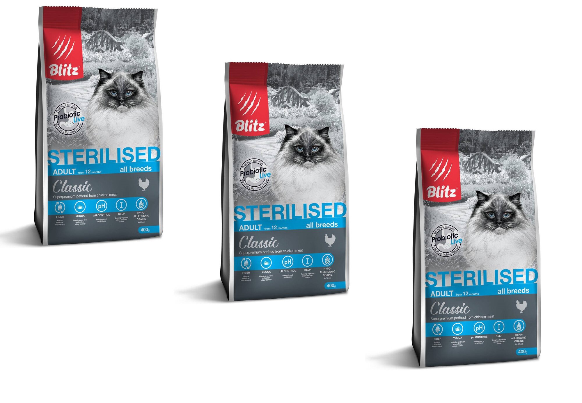 Сухой корм Блиц Sterilised Classic для взрослых стерилизованных кошек Курица 400г 3шт