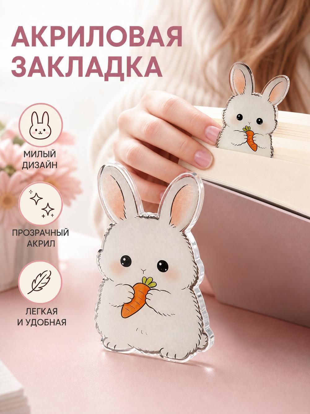 Закладки для книг акриловые Кролик, прозрачные закладки 1 шт